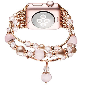Suppeak Band Compatible with Apple Watch 38mm 40mm 41mm, Women Girl Elastic Handmade Pearl Bracelet Replacement for Series SE 7 6 5 4 3 2 1, Pink