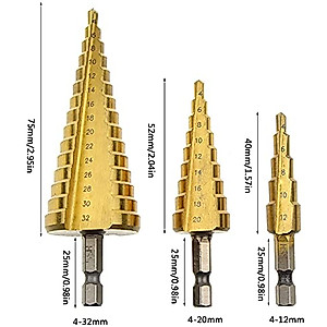 Chargenyang 3 Pcs Straight Grooved Step Drill Bit Set, High Step Steel Titanium Drill Bits Set Power Tools 4-12/4-20/4-32mm Hex Shank Drive, HSS Cut Tool Set for Metal Wood Steel DIY Plastic