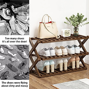 FEUFOAM Folding Shoe Racks Bamboo Closet Shoe Rack 3 Tiers Storage Organizer Rack Free Standing Shoe Shelf for Entryway Door Hallway Bedroom