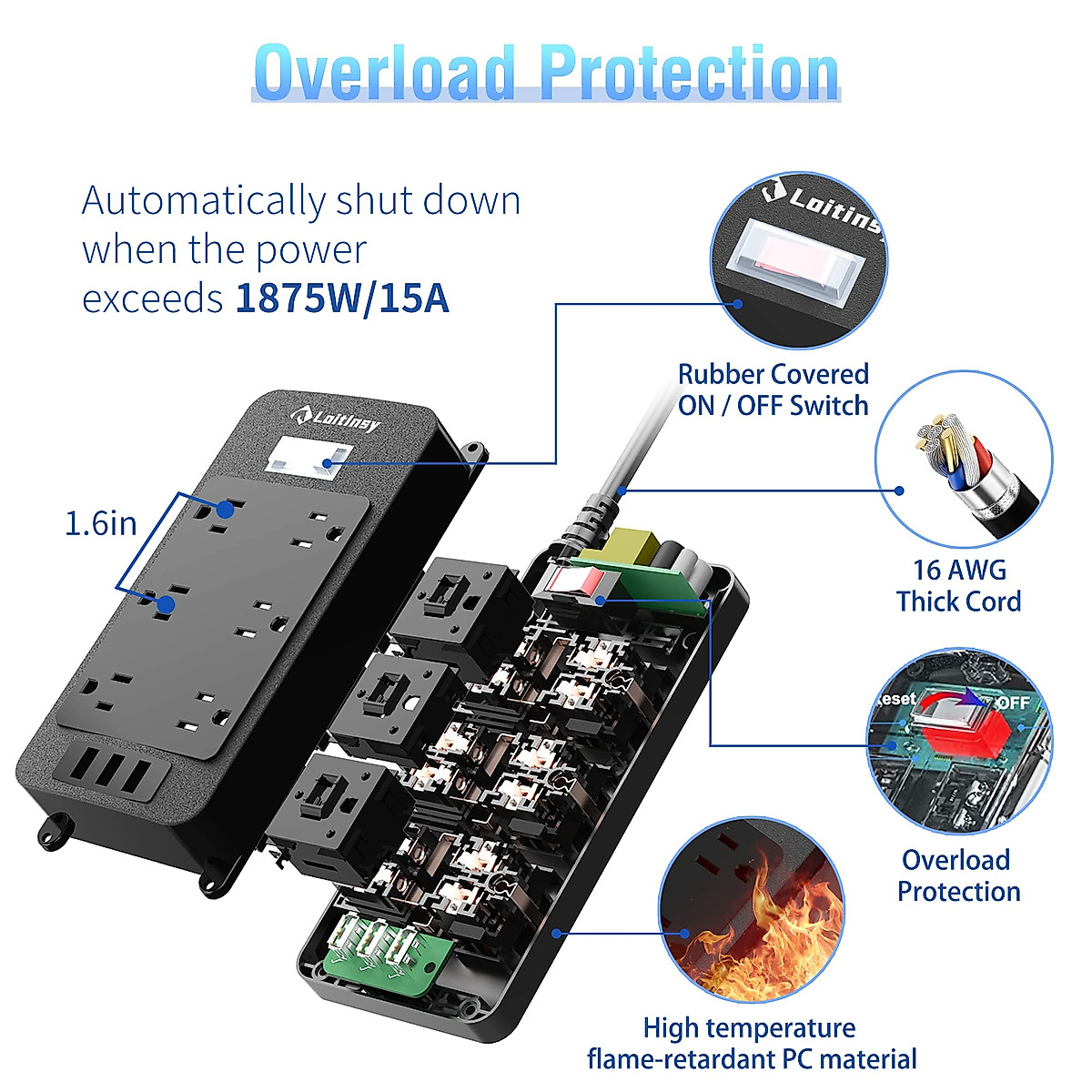 Outdoor Power Strip Weatherproof, 6 Outlets Waterproof Surge Protector with 3 USB Ports, 6 FT Extension Cord, Shockproof Overload Protection, Wall Mountable for Home Office Patio Porch (Black)
