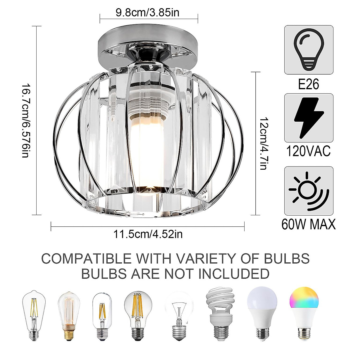 Silver Modern Semi Flush Mount Ceiling Light Fixture, Metal Chrome Pendant Light, Antique Chandelier Crystal Ceiling Lamp, Flush Mount Farmhouse Lighting for Hallway, Kitchen Island, Porch