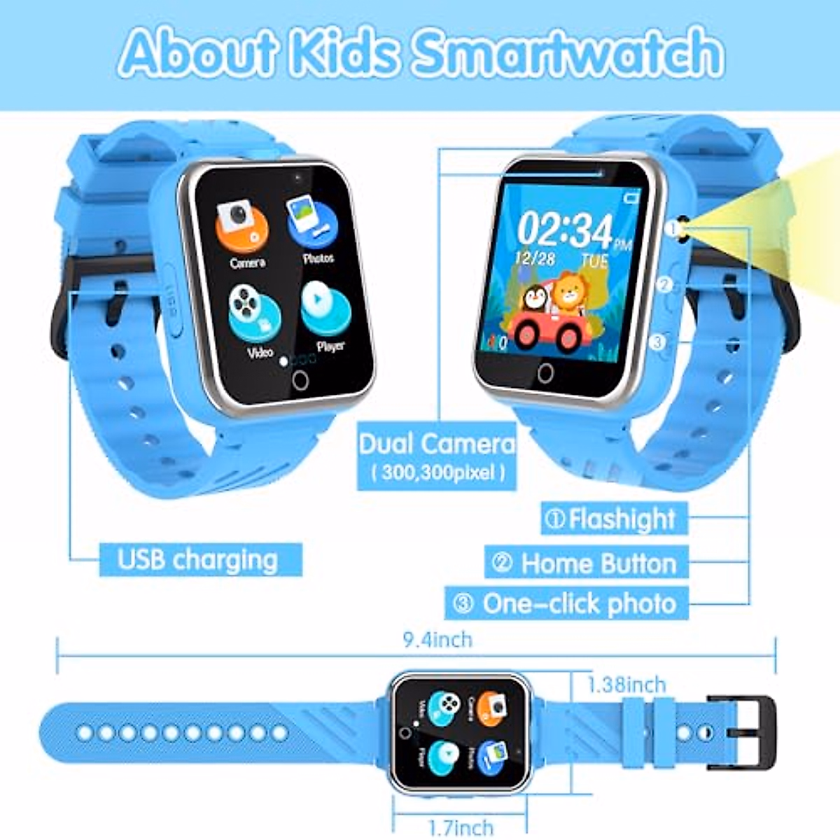 Kids Smart Watches,Gifts for Age 3-12 Boys Girls Dual Camera Touchscreen,Unicorn Digital Smart Watch for Kids with 24 Games, Pedometers，Music, Calculator,Learning Toys Birthday Gifts for Kids Blue