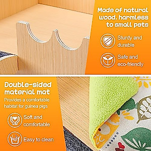 Guinea Pig Castle, Wooden Guinea Pig Hideout with Cave Stairs & Mat, Small Animal House Bed Hut Habitats for Hamsters Bunny Chinchillas Playing Sleeping Hiding