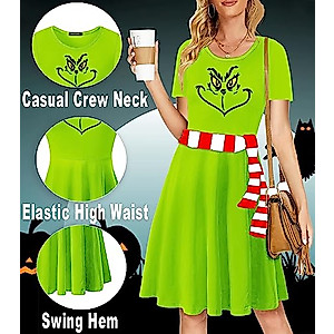 Womens Christmas Green Monster Dress Halloween Grinch Costume Dresses Fancy Flare Dress XL