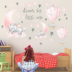 Dream Big Little One Elephant Wall Decals, Peel and Stick Wall Sticker Pink Moon Hot Air Balloon Grey Stars Nursery Decor, Home Kitchen Room Decorations Boy Girl Kids Bedroom Art Party Supplies