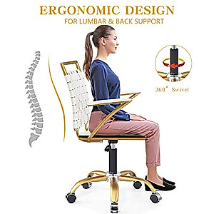 CAROCC Cute White and Gold Desk Chair Gold Office Chair Golden Comfort for Women Office Products Home Office Desk Chair Computer Chair Task Chair Small Vanity Cute Desk Chair (GD-White)