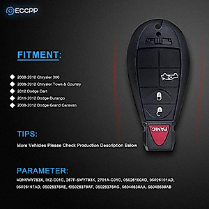 ECCPP Uncut Ignition Key Fob 4 Buttons 433MHz Key Remote fit for Antitheft Keyless Entry Systems 2012 for Dodge Key Remote M3N5WY783X (Pack of 1)