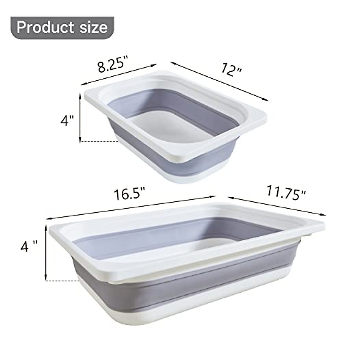Beright 2 Pack Storage Bins, Collapsible Wash Basin Folding Dish Tub Sink, Space Saving for Dishing, Fruit, and Camping, Hiking and Home, Grey, 2 in 1 Set