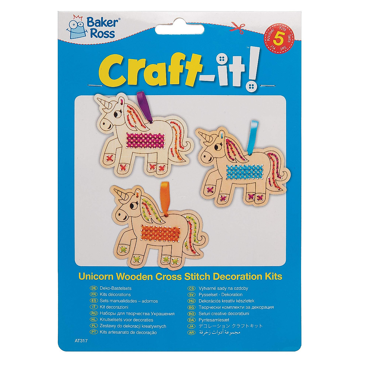 Baker Ross AT317 Unicorn Wooden Cross Stitch Ornament Kits - Pack Of 5, Arts And Crafts For Kids