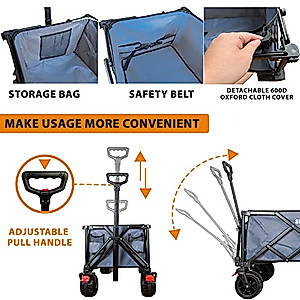 SKYMANOR Collapsible Wagon Heavy Duty Folding Wagon Cart with Big Wheels, All Terrain Beach Wagon Cart for Sand, Utility Portable Foldable Garden Cart for Outdoor Camping Shopping Shopping (Gray)