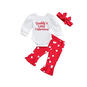 Sunwittafy Toddler Baby Girl Daddy's Little Valentine Clothes Letter Romper Puff Sleeve Romper Heart Print Flared Pants Headband