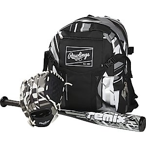 Rawlings Remix Series Youth 9" Tball Glove (Right Hand Throw), 24" Tball Bat & Tball Backpack Bag Set (Black/White/Silver)