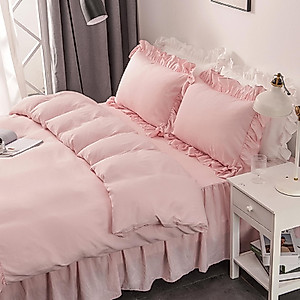 Rvciby Ruffle Duvet Cover Queen Size,Soft and Breathable Washed Microfiber Princess Bedding Set,3 Pieces,1 Duvet Cover with Zipper Closure & Corner Ties and 2 Pillow Shams,90 X 90 Inches (Queen,Pink)