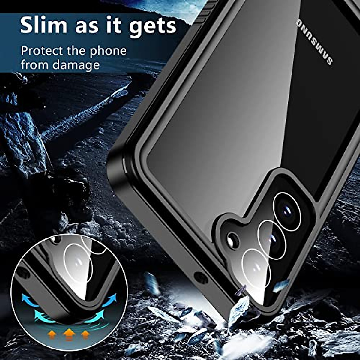 AMILIFECASES Clear Samsung Galaxy S23 Case,with Screen Protector,Waterproof Protective Case for Men Women,Samsung Phone Heavy Duty Shock Proof,Black