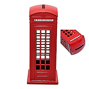 BeeSpring Attractive Metal Alloy Money Coin Spare Change London Street Red Telephone Booth Bank Box-6“H