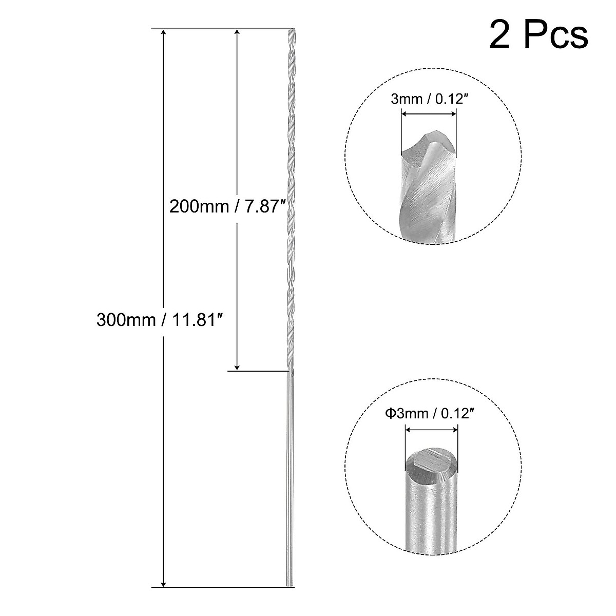 uxcell HSS(High Speed Steel) Extra Long Twist Drill Bits, 3mm Drill Diameter 300mm Length for Hardened Metal Woodwork Plastic Aluminum Alloy 2 Pcs