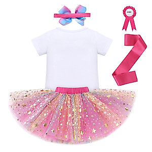 Rainbow Unicorn 1st 2nd 3rd Birthday Girl Outfit Baby Romper Tutu Skirt Headband Sash Badge 5PCS Princess Bowknot Tutu Dress up Clothes Set for Cake Smash Photo Shoot Hot Pink - Rainbow 3 Years