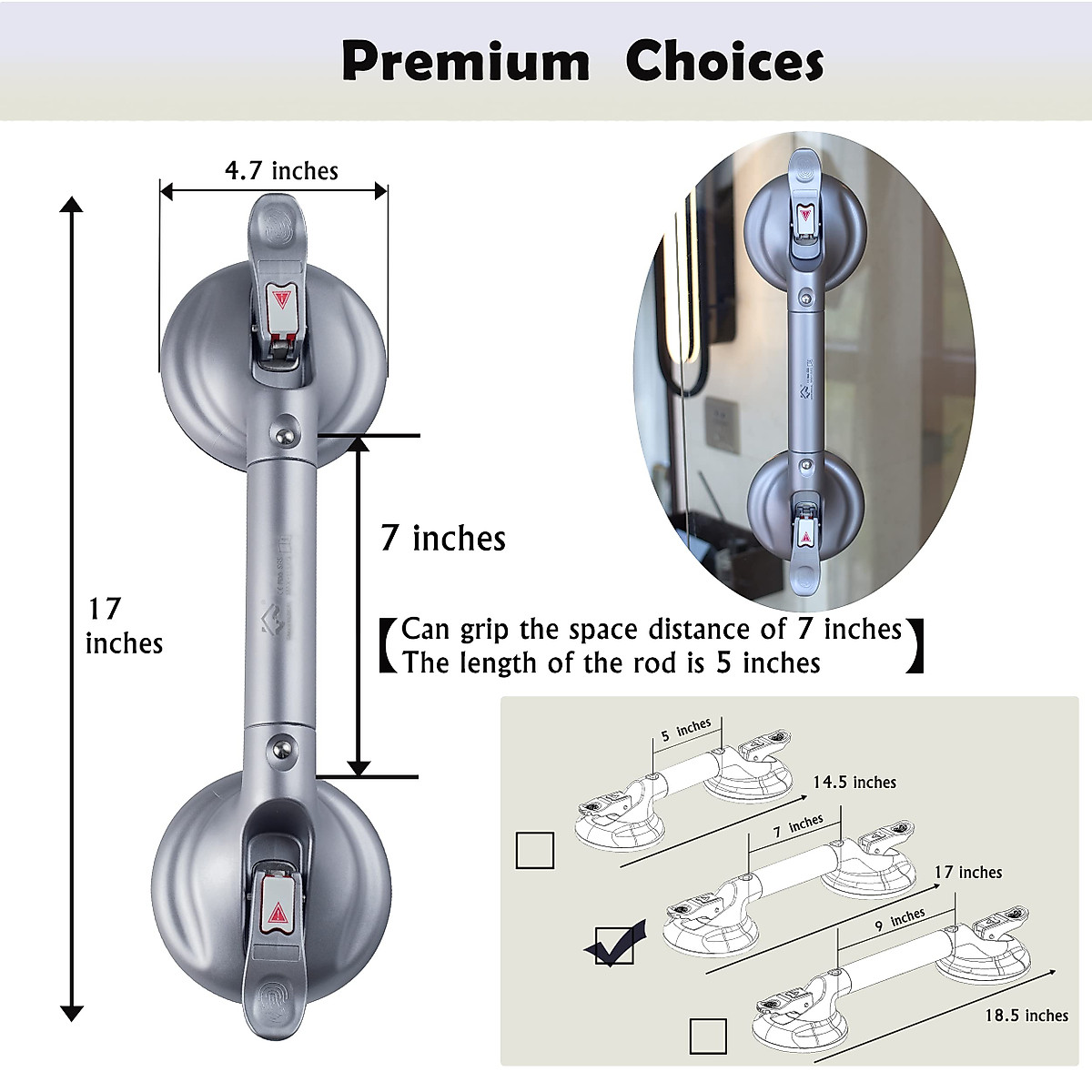DAREN MEDICAL Heavy Duty Suction Shower Grab Bar - Toilet Bathroom Bathtub Safety - Shower Handles, Suction Cup Power Up to 250 LB, Perfect for Elderly Seniors(17 Inch, Gray Silver)