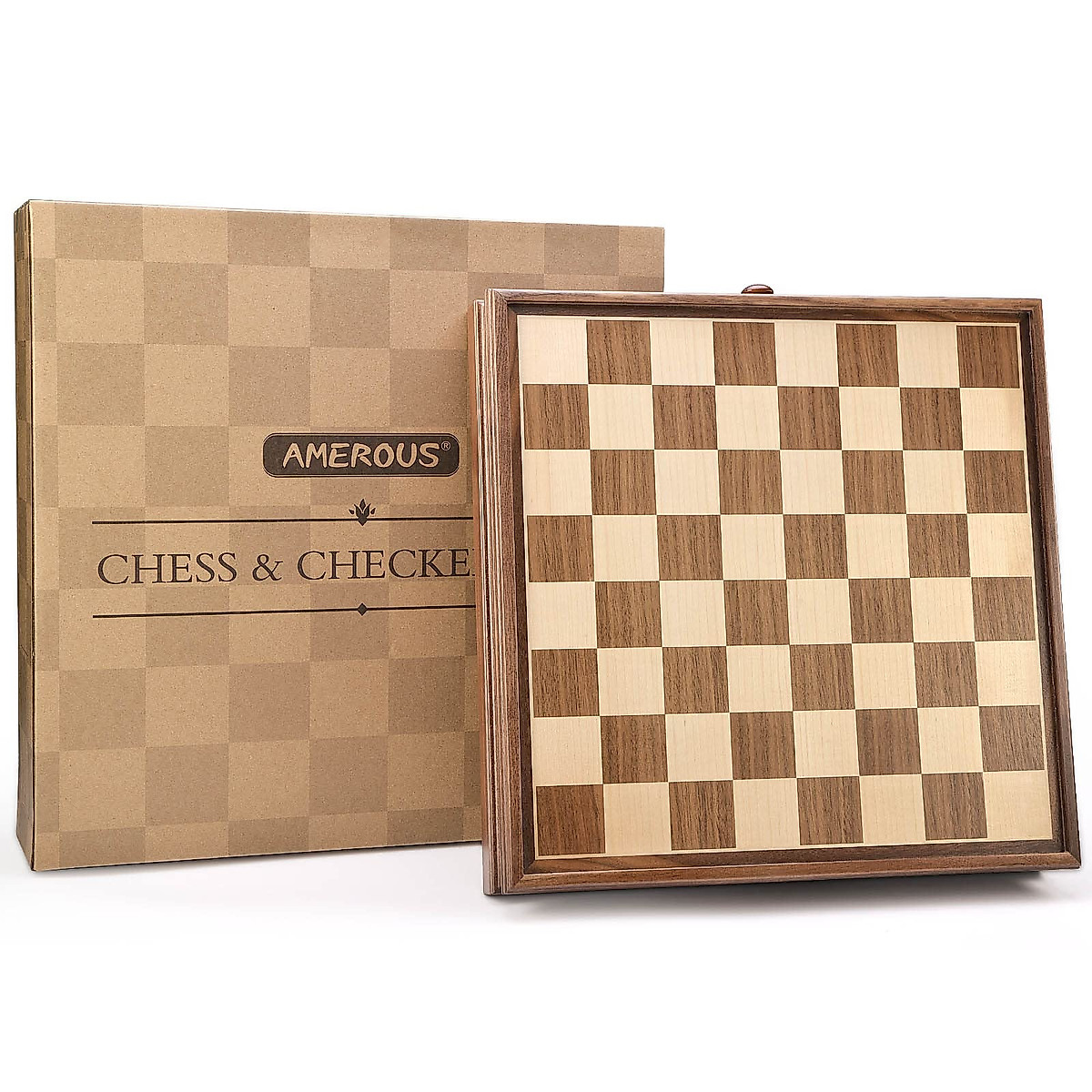 AMEROUS 15" x 15" Wooden Chess & Checkers Set with Built-in Storage Drawers/Weighted Chess Pieces / 2 Bonus Extra Queens / 24 Cherkers Pieces/Classic 2in1 Board Games for Kids, Adults