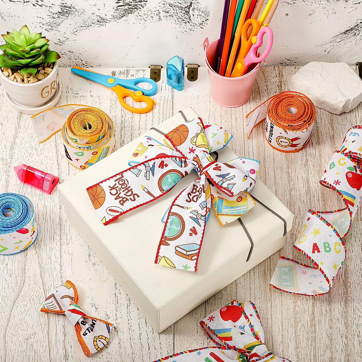Tigeen 6 Rolls 30 Yards Back to School Wired Ribbon School Themed Fabric Decorative Craft Ribbon for Classroom Craft Gift Wrapping Hair Bow Sewing Wreath