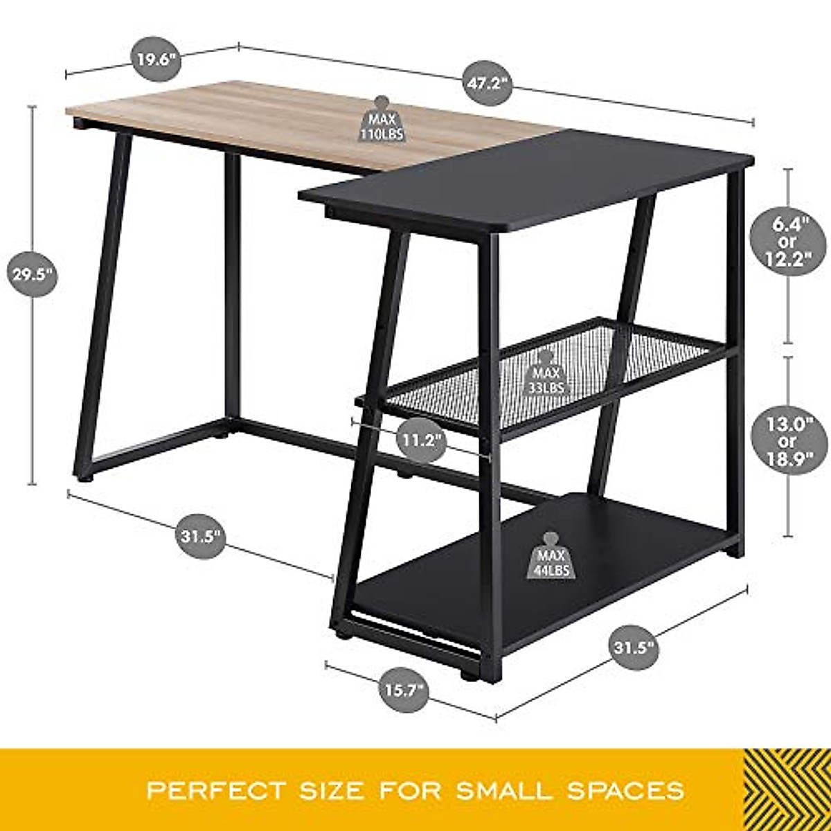 HOMOOI Small L-Shaped Desk with Storage Shelves, 47.2 Reversible Corner Writing Table for Home Office, Oak and Black