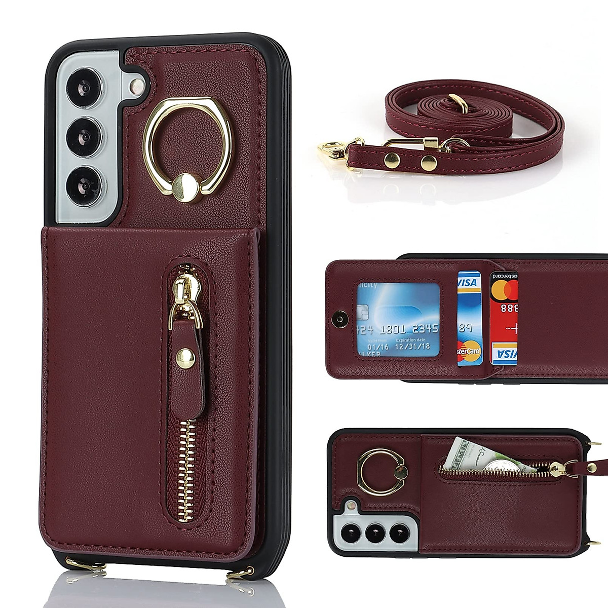 Jaorty for Samsung Galaxy S22 5G Phone Case for Women with Card Holder,Galaxy S22 Case Wallet Crossbody Lanyard with Strap,Credit Card Slots Kickstand Case with Ring Holder,6.1 Inch,Burgundy