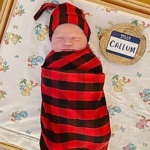 ZOONAI Red and Black Plaid Swaddle Blanket Baby Newborn Receiving Blanket Infant Sleeping Cloth Wrap with Hat (Red Black)