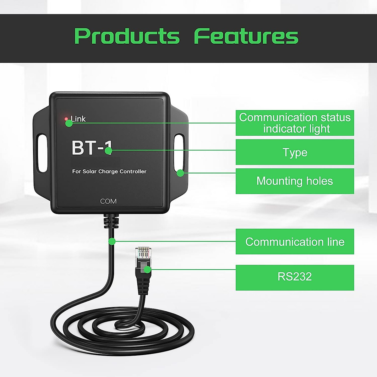 BT-1 Wireless Module RJ12 Communication Port for MPPT Solar Charge Controllers 20A/30A/40A, cooperates with Mobile Phone APP to Realize, Parameter Setting, and Data Viewing of The System, RS232