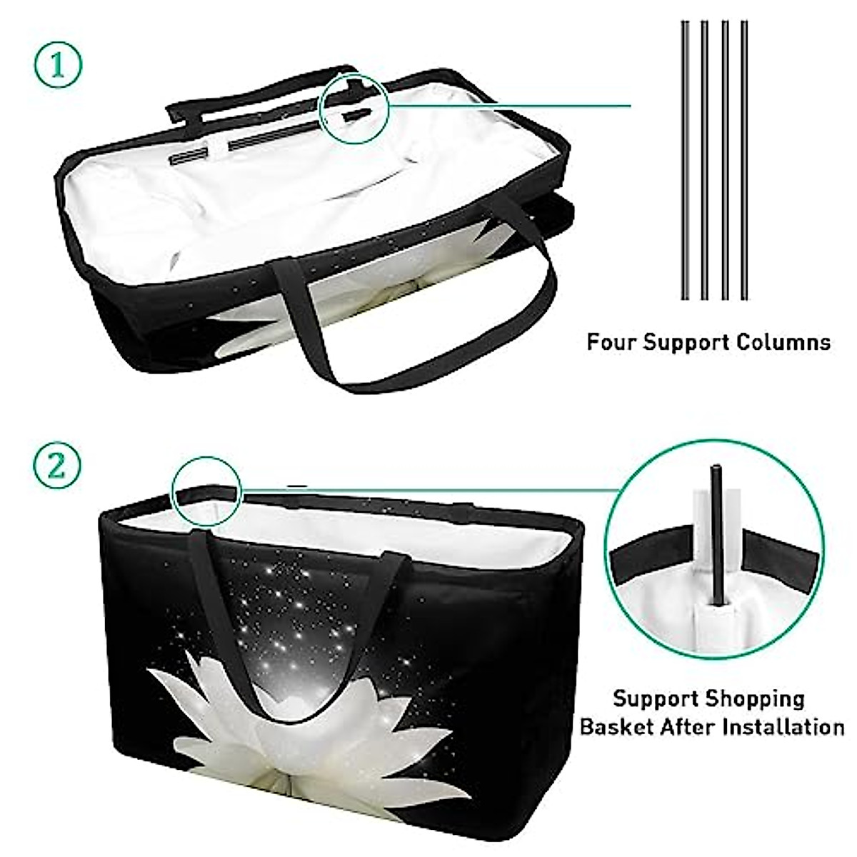 KQNZT Reusable Grocery Bags, Heavy Duty Reusable Shopping Bags, Large Tote Bags with Long Handles and Reinforced Bottom, White Lotus Art