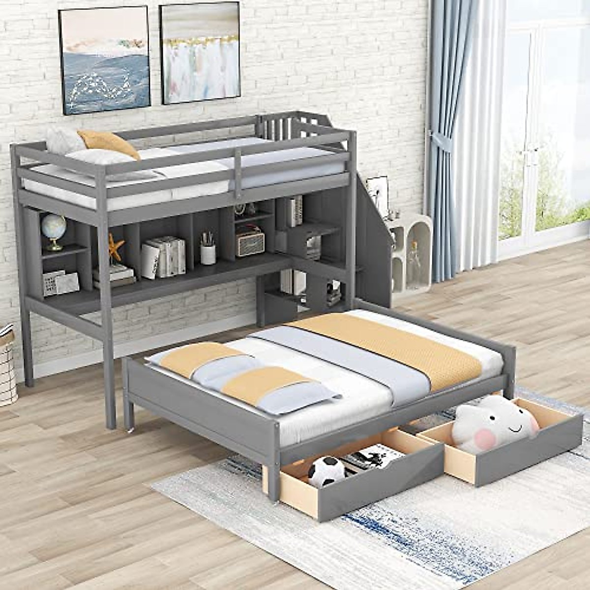 BIADNBZ Twin XL Over Full Bunk Bed with Built-in Storage Shelves and Drawers,Multi-Function Bedframe with Storage Staircase for Bedroom,Gray