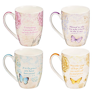 Christian Art Gifts Botanic Butterfly Blessings Coffee/Tea Mug Set w/Scripture Teal Grace Butterfly, Purple Blessed Butterfly, Pink Believe Butterfly, Yellow Hope Butterfly, Microwave/Dishwasher Safe