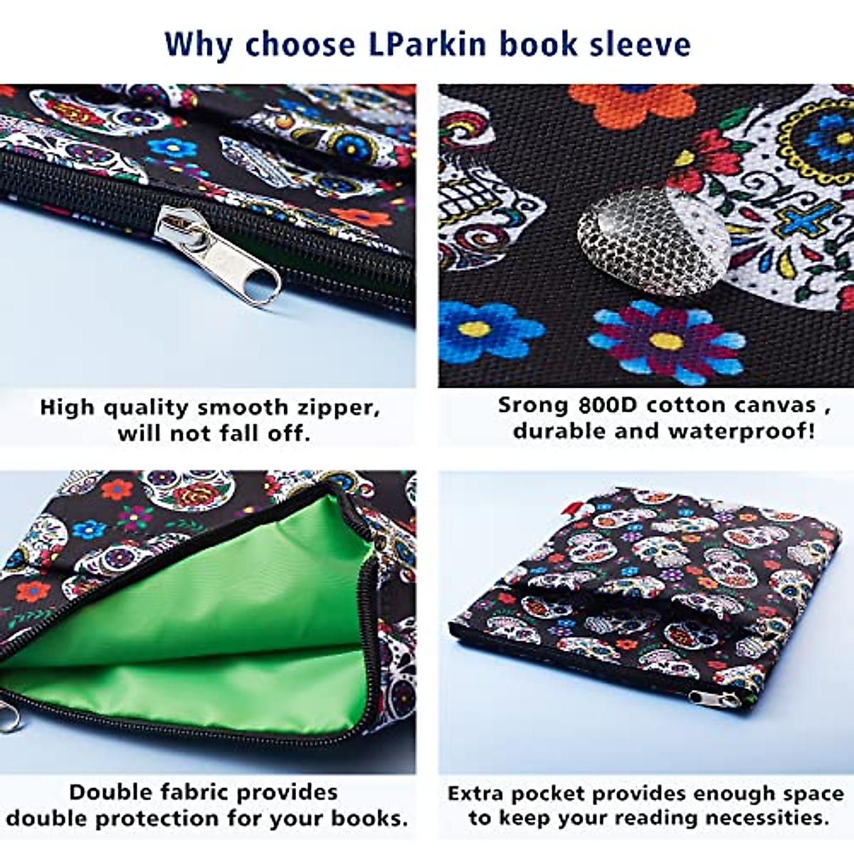 Sugar Skull Book Sleeve, Dia De Los Muertos Skull Gifts Day of The Dead Book Covers for Paperbacks, Book Sleeves with Zipper Protector 11 X 8.5 Inch