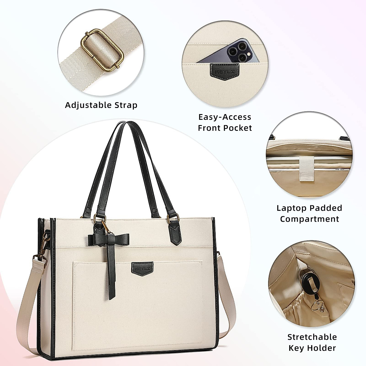 Keyli Laptop Tote Bag Canvas Bag for Women 15.6 inch Casual Work Shoulder Bags Large Capacity Professional Business Office Computer Bag Briefcase Handbag Purses for Travel, Office, School White