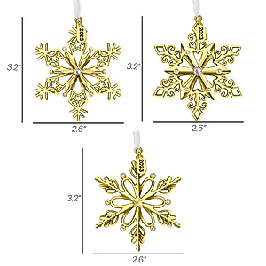 West style 2023 Golden Christmas Tree Ornaments Set 3 Pieces –Metallic Snowflake Hanging Home Deco Hanging Pendant Holiday Keepsake Gift (3 Pcs Set, Golden)