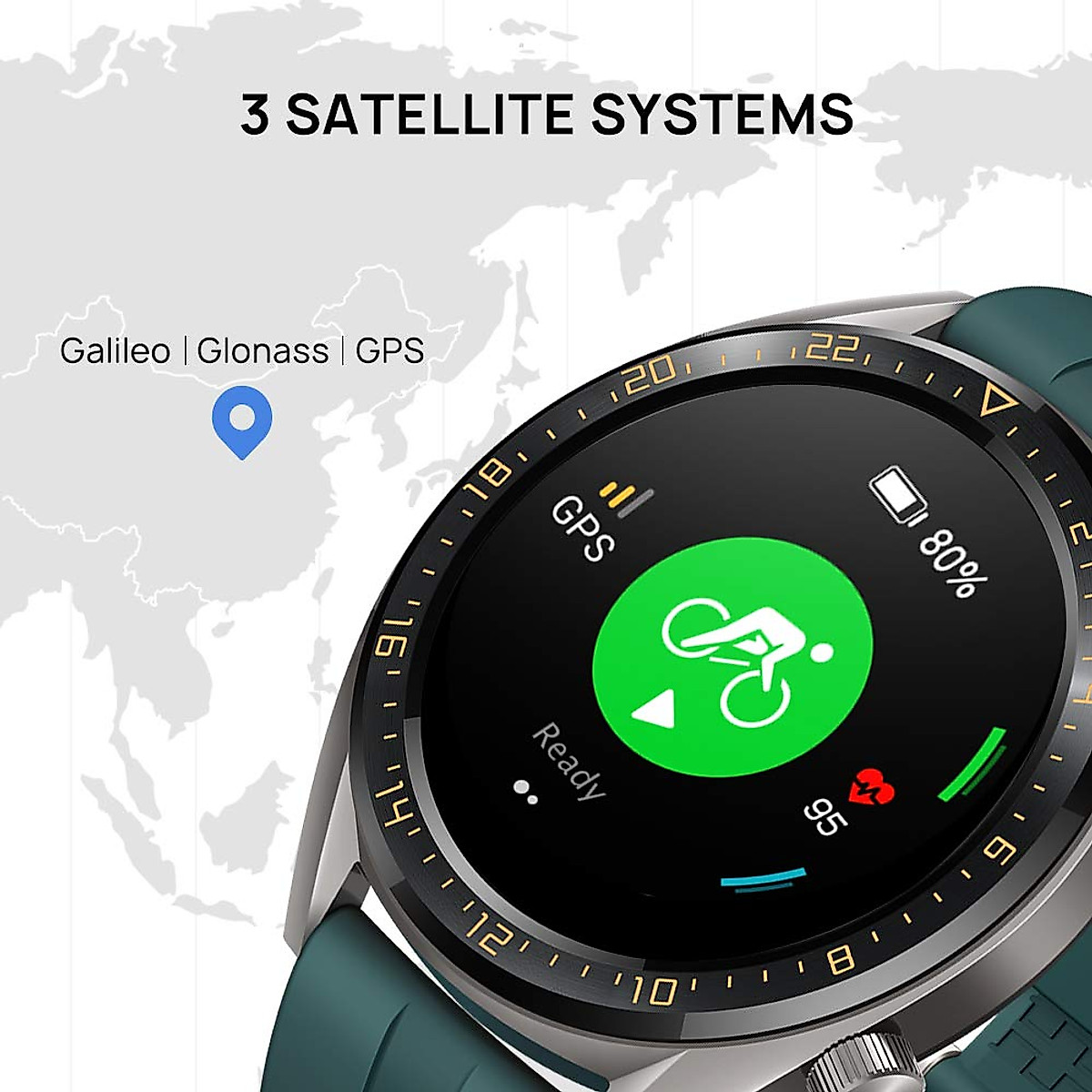 SUNG-LL Huawei Watch GT 2019 (46mm) BT Version, Water Proof, Titanium Grey Stainless Steel - Fluoroelastomer Band Active Dark Green