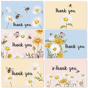AnyDesign 36 Pack Daisy Thank You Cards with Matching Seal Stickers Envelope Assorted Watercolor Flower Bees Greeting Blank Note Cards for Baby Shower Wedding Birthday Party Business Stationery