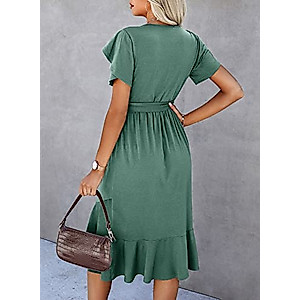 Dokotoo Womens 2023 Summer Spring Dresses Casual Wrap Round Neck Short Puff Sleeve Belt A-Line Ruffle Hem Formal Midi Dress Green Large