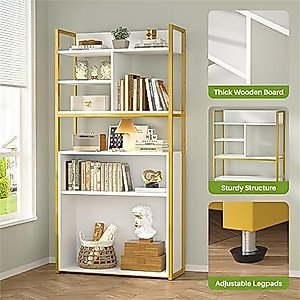 DIRKES White Industrial Bookshelf,6 Tier Tall Bookshelves Wood and Gold Metal Frame Standing Bookcase, Display Book Shelf with Adjustable Storage Shelves for Home Office, Living Room, Bed Room