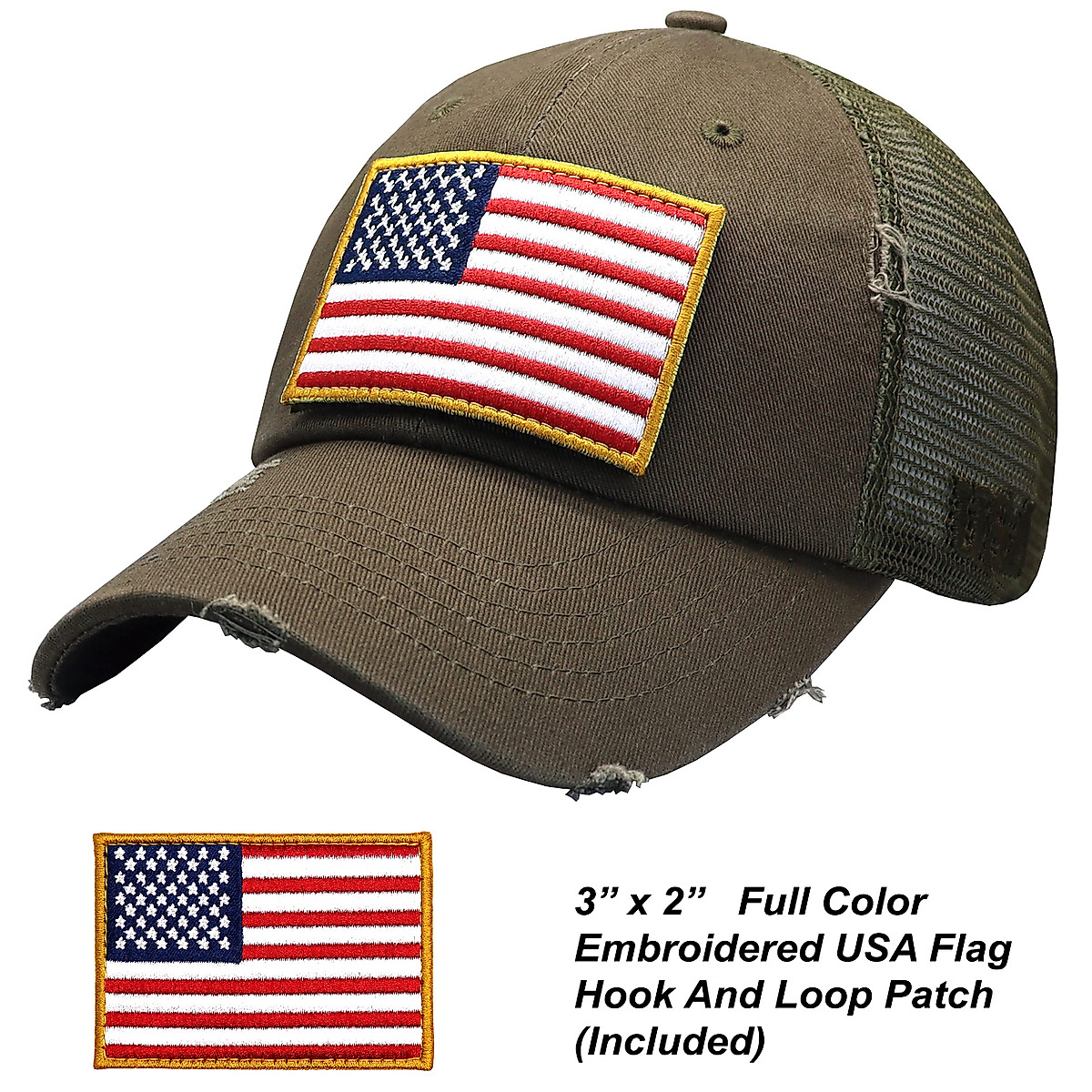 Antourage American Flag Unconstructed Hat for Men and Women Twill Mesh Snapback Baseball USA Flag Cap + 2 Patriotic Patches ((02) Olive Distressed Mesh Snapback)