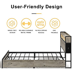 HAUSOURCE Queen Bed Frame with Bookcase Headboard and 2 Drawers LED Lights Metal Platform Non-Slip Without Noise Strong Metal Slats Support No Box Spring Needed (Greige, Queen)