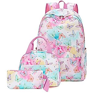 LEDAOU Backpack for Teen Girls School Bags Kids Bookbags Set School Backpack with Lunch Box and Pencil Case (Butterfly)