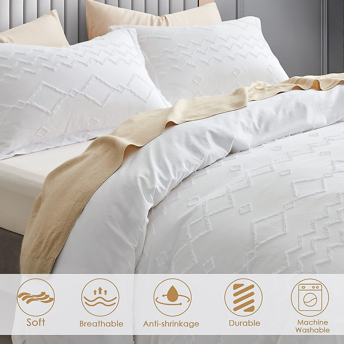 Melingo White Duvet Covers Tufted Duvet Cover Queen Size, Soft and Lightweight Duvet Covers Set for All Seasons, 3 Pieces Boho Embroidery Shabby Chic Bedding Set