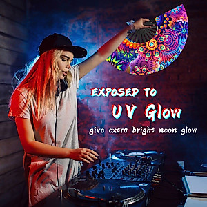OMyTea UV Glow Rave Fan Foldable for Women/Men/Drag Queen - Large Clack Festival Folding Hand Fan - for EDM, Music Festival, Event, Party, Dance, Performance (Fantasy Flowers)