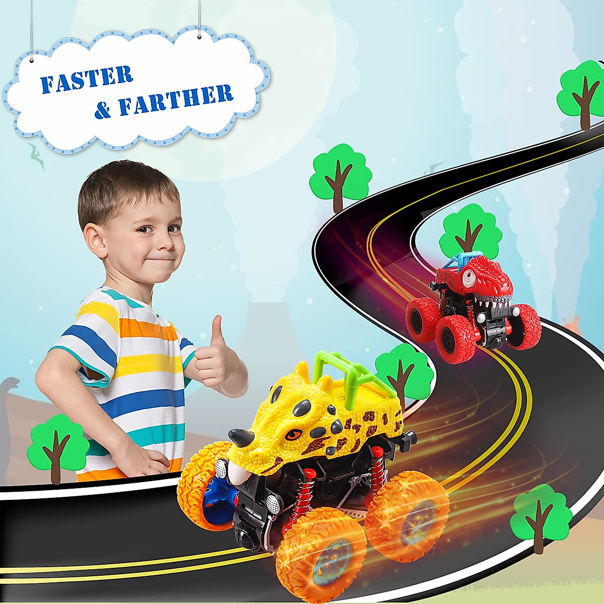 aovowog Monster Truck for Boys, 4 Pack Pull Back Cars, Friction Powered Cars for Kids, Dinosaur Truck Toys for 3 4 5 6 Year Old Boys - Christmas Birthday Party Gift for Kids