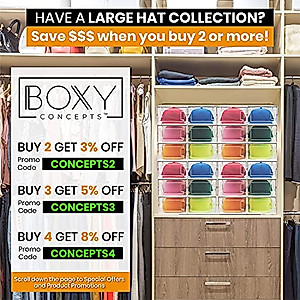 Boxy Concepts Plastic Hat Organizer for Baseball Caps (6-Pack) Easy Assembly, Stylish, Dust-Proof, Transparent, Stackable with Odor Vents. Ideal Holder, Case or Hat Rack Storage System 13” x 5.5” x 9”