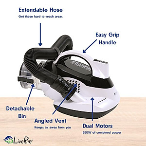 LivePure - Ultramite Handheld HEPA Filter Vacuum & Fabric Sanitizer - Dual Motor Brush, UVC Light, And Anti- Allergen Filter To Remove Dust Mites, Bacteria, Viruses