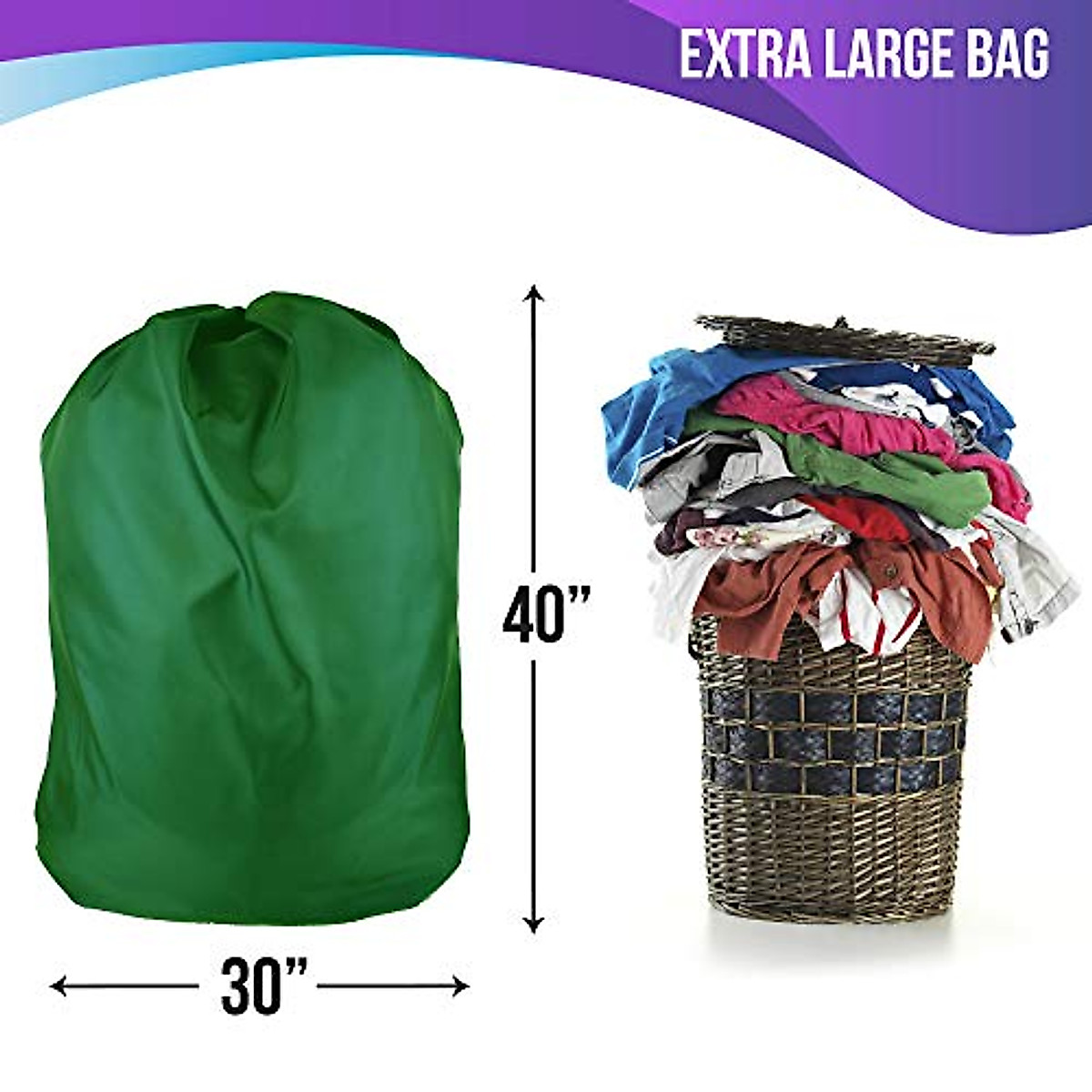 Nylon Laundry Bags Bulk 30" X 40" – Pack of 12 bags, for Heavy Duty Use, College Laundry Bags, Laundromats and Household Storage, machine washable - Made in the USA (Green)