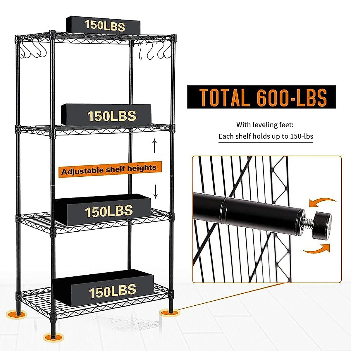 Catalina Creations 4-Shelf Wire Shelving Unit, Metal Storage Shelves, Heavy Duty Shelving with Liners, Adjustable Height Storage Rack for Pantry Closet Kitchen Garage (23.6" W x 14" D x 47" H, Black)