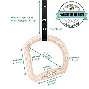 PULLUP & DIP Premium Gymnastic Rings, Wooden Gym Rings for Calisthenics - Wide Straps with Length Markings + Door Anchor + Carry Bag + Exercise Guide, Calisthenics Rings (Trings Set)