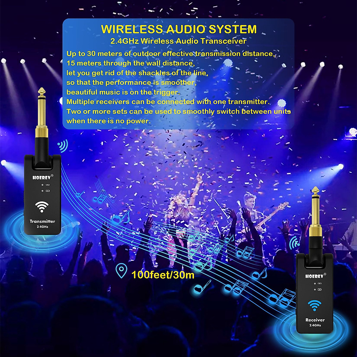 HOEREV 2.4GHz Wireless Transmitter Receiver for Electric Guitar with Rechargeable Lithium Battery